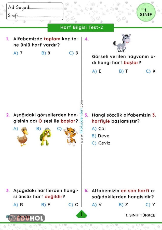 1. Sınıf Harf Bilgisi Test-2 | Eduhol - Ders Videoları İzle Online Test ...