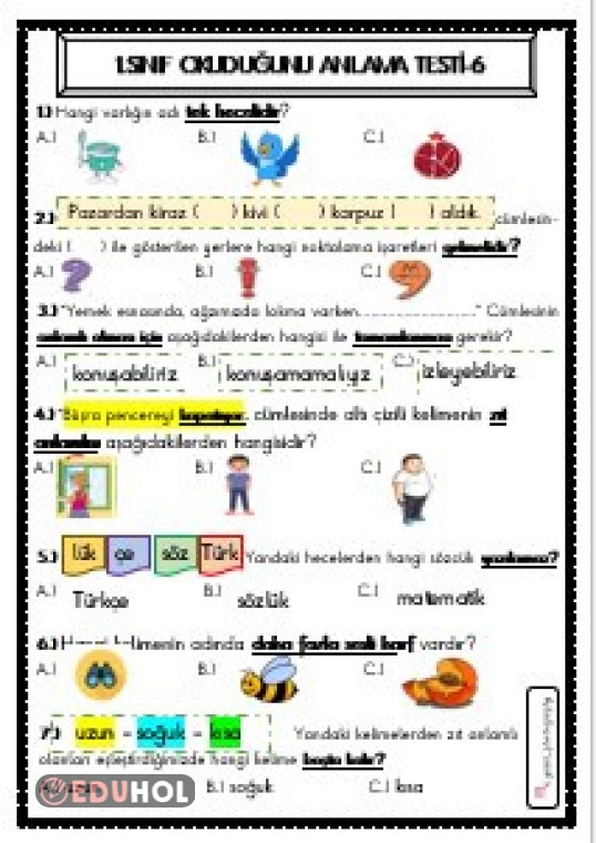 1.Sınıf Türkçe Testi (Pdf Test... | Eduhol - Ders Videoları İzle Online ...