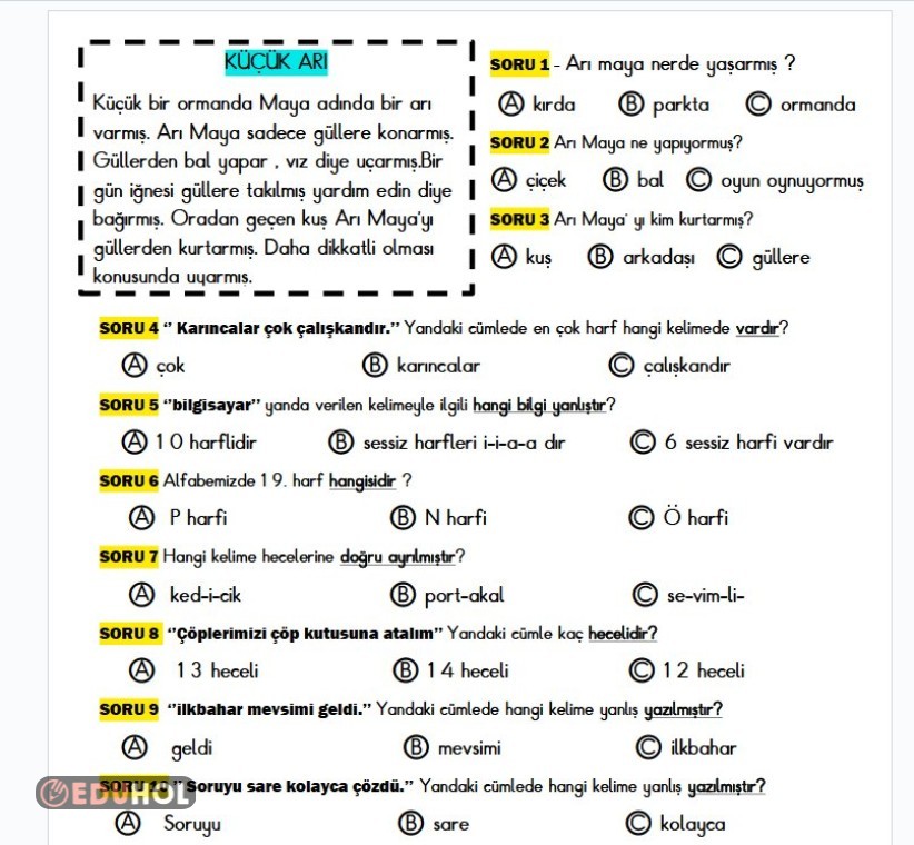 Türkçe Test | Eduhol - Ders Videoları İzle Online Test Çöz Etkinlik İndir
