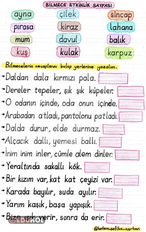 1. Sınıf Bilmece Dikte Çalışma... | Eduhol - Ders Videoları İzle Online ...