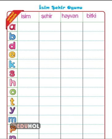 İsim Şehir Oyunu(Serbest Etkin... · Eduhol - Etkinlik İndir Oyun Oyna ...