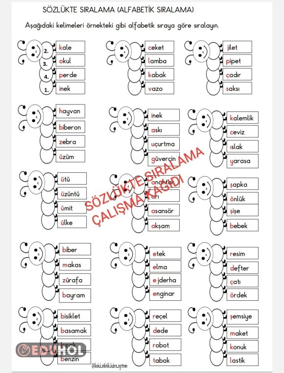Sözlükte Sıralama Çalışma Kağı... | Eduhol - Ders Videoları İzle Online ...