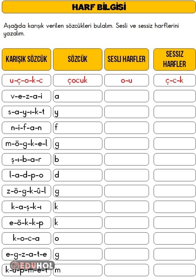 Harf Bilgisi-2 · Eduhol - Etkinlik İndir Oyun Oyna Test Çöz Video İzle